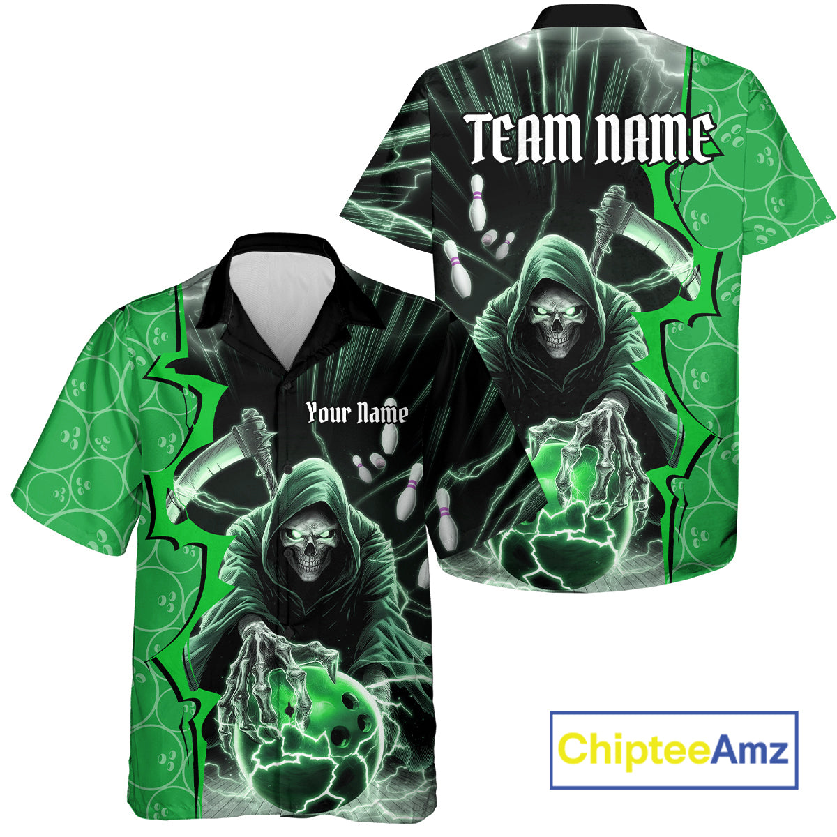 Custom Green Thunder Lightning Grim Reaper Bowling Men And Women Hawai ...