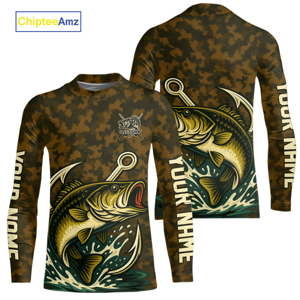Custom Fish Hook Largemouth Bass Fishing Camo Kid Long Sleeve Tourname ...