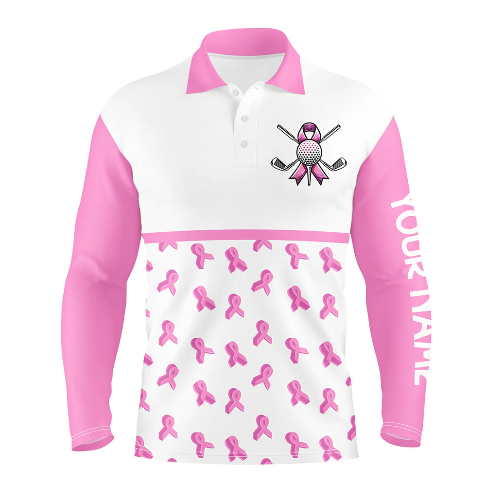 Pink ribbons pattern Mens golf polo shirts custom breast cancer awaren ...