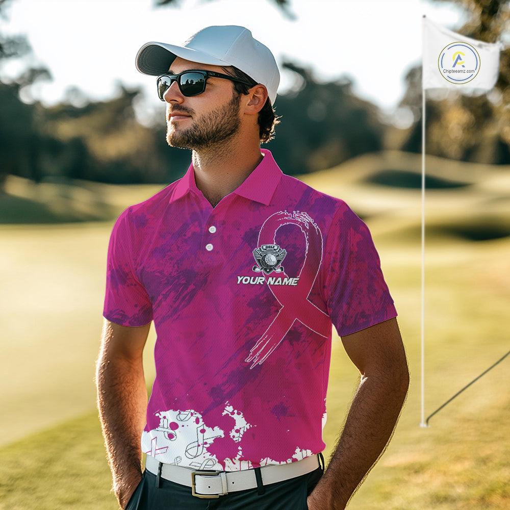 Pink Ribbons pattern Mens golf polo shirts custom men's breast cancer ...