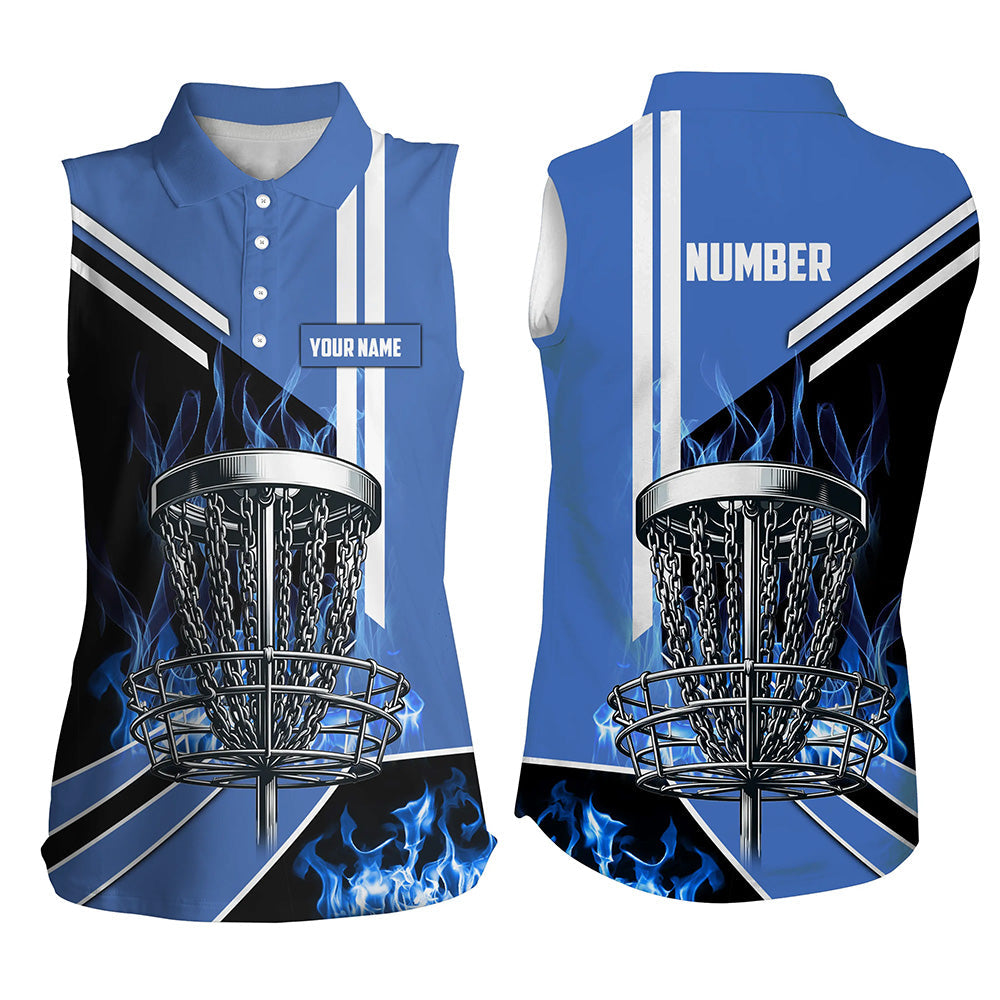 Women disc golf sleeveless polo shirts custom blue flame disc golf bas ...