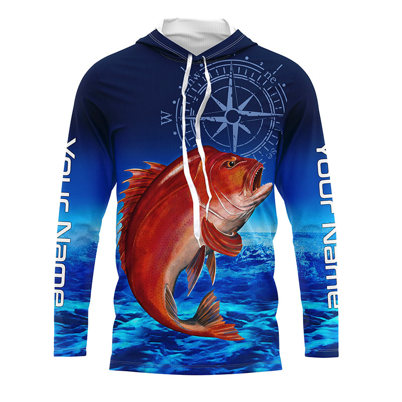 Personalized Red snapper Blue Long Sleeve Performance Fishing Shirts ...