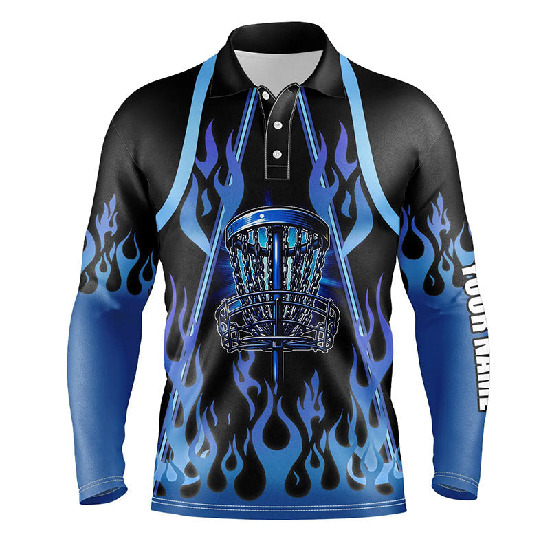 Mens disc golf polo shirts blue flame disc golf basket custom disc gol ...