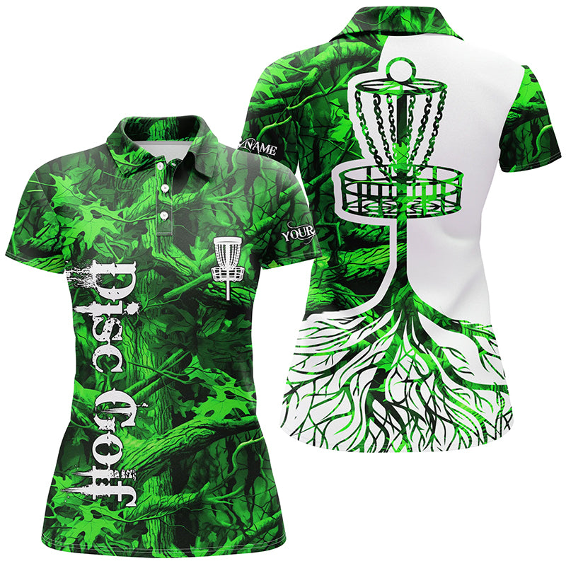Womens disc golf polo shirt custom name green camo disc golf basket, p ...