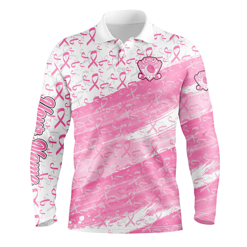 Mens golf polo shirts custom white and pink ribbon pattern Breast Canc ...