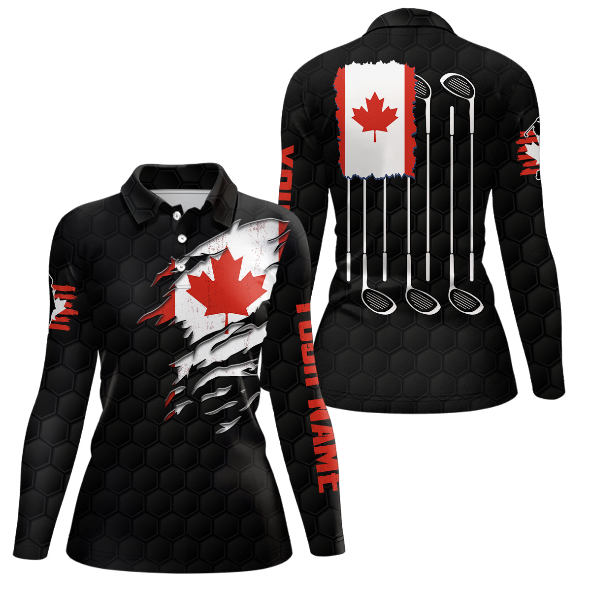 Canada Flag Black Golf Pattern Polo Shirt Red Maple Leaf Golf Shirts F ...