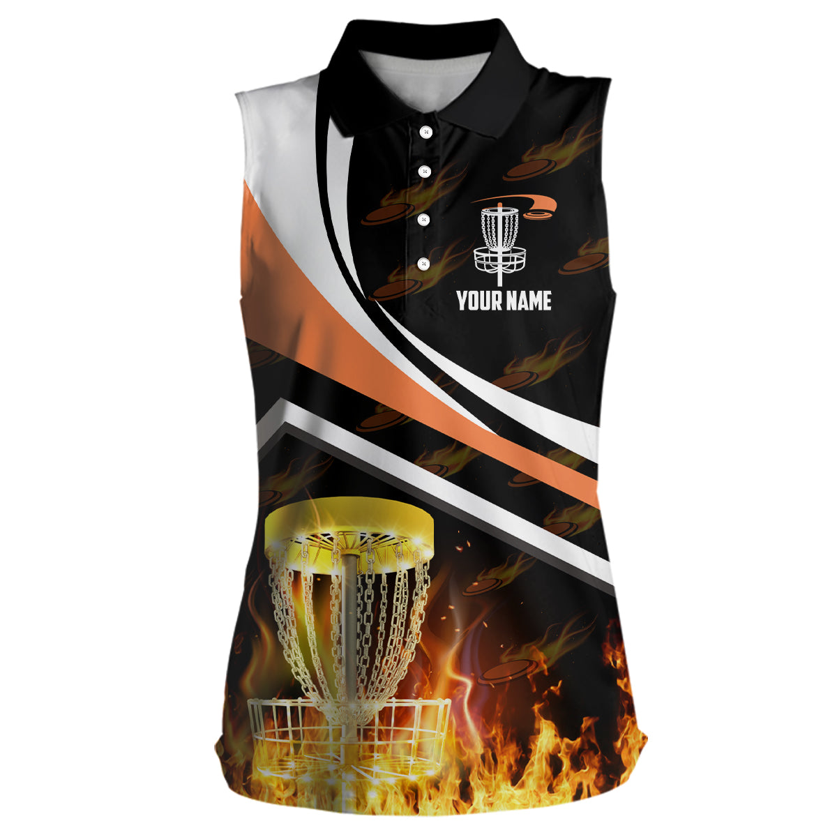 Personalized Womens Sleeveless Disc Golf Fire Flame Orange Style Golf ...