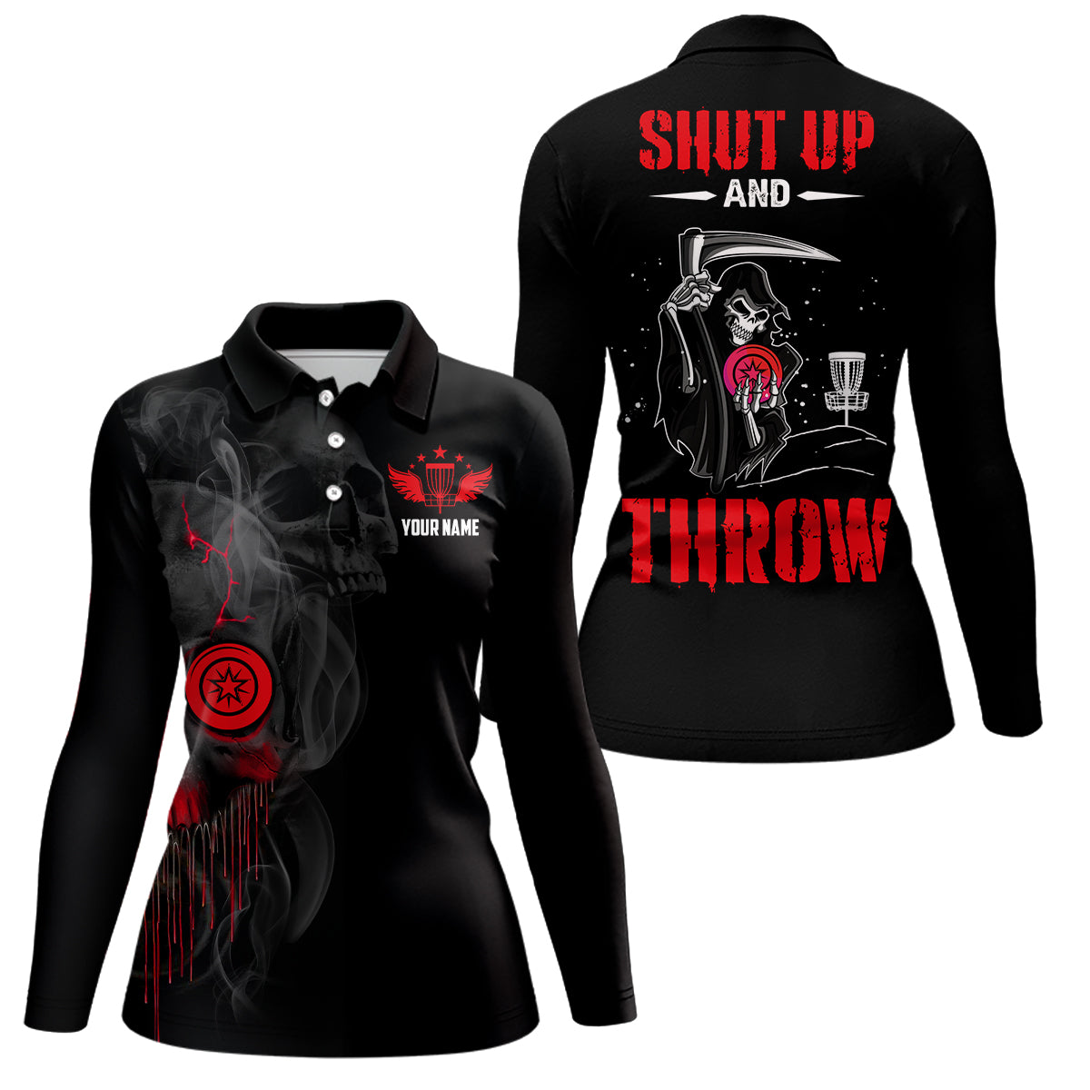Custom Shut Up And Throw Smoky Skull Red Disc Golf Polo Shirts Scary G ...