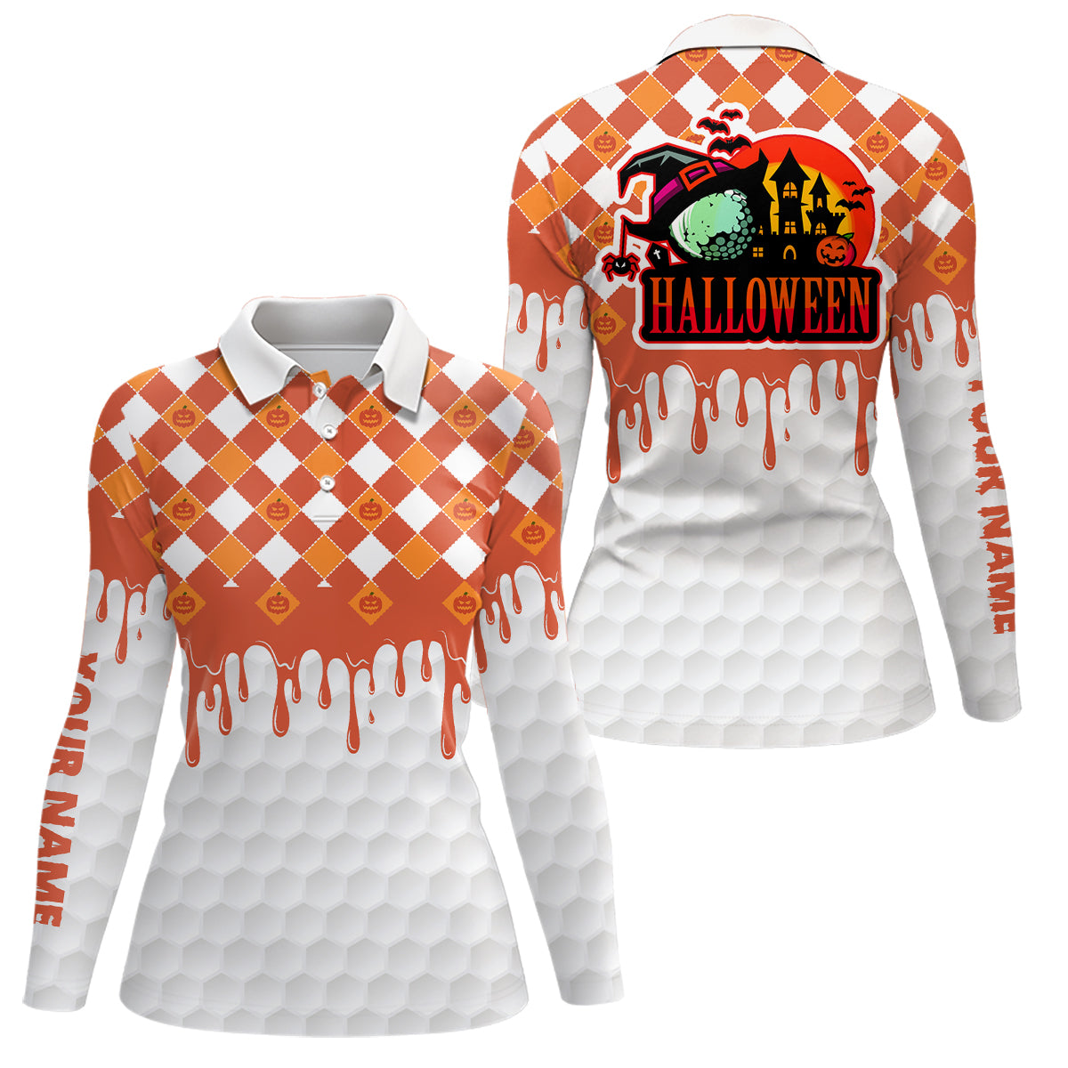 Happy Halloween Orange White Pumpkin Golf Polos Custom Skull Golf Shir ...