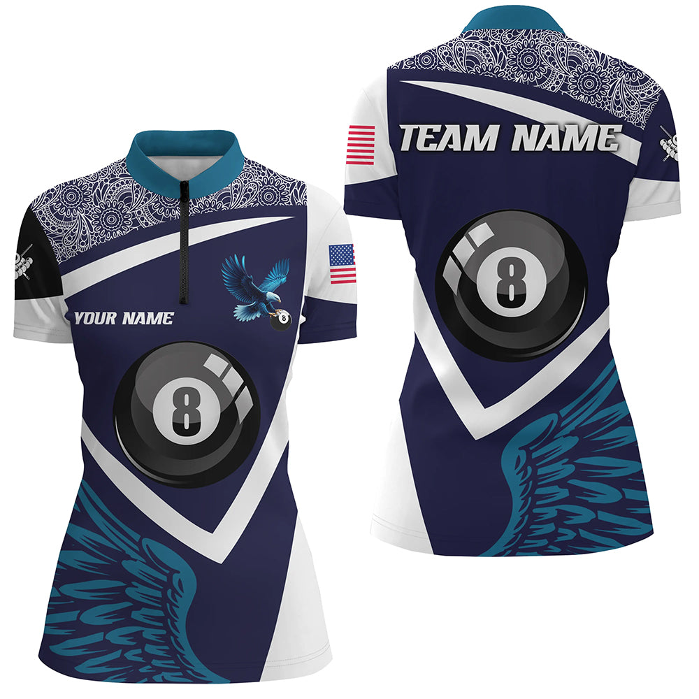 Personalized Blue 8 Ball Pool And Wings Custom Women Billiard Shirts ...