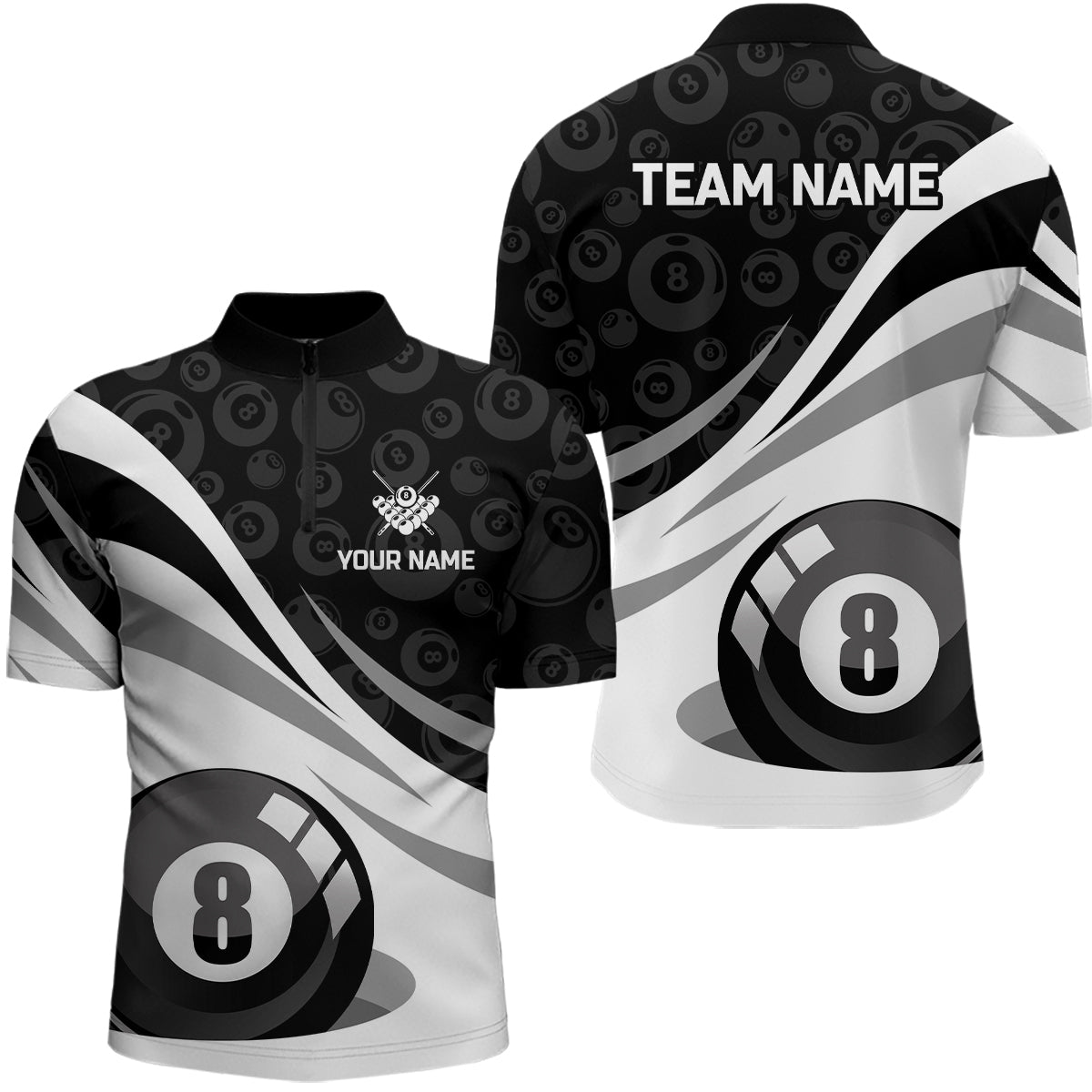 Customized Black White 8 Ball Pool Billiard Jerseys Men Quarter-Zip Sh ...