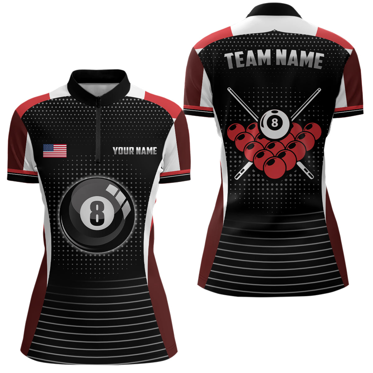 Custom Black Red Billiard Jerseys Women Quarter-Zip Shirts Personalize ...