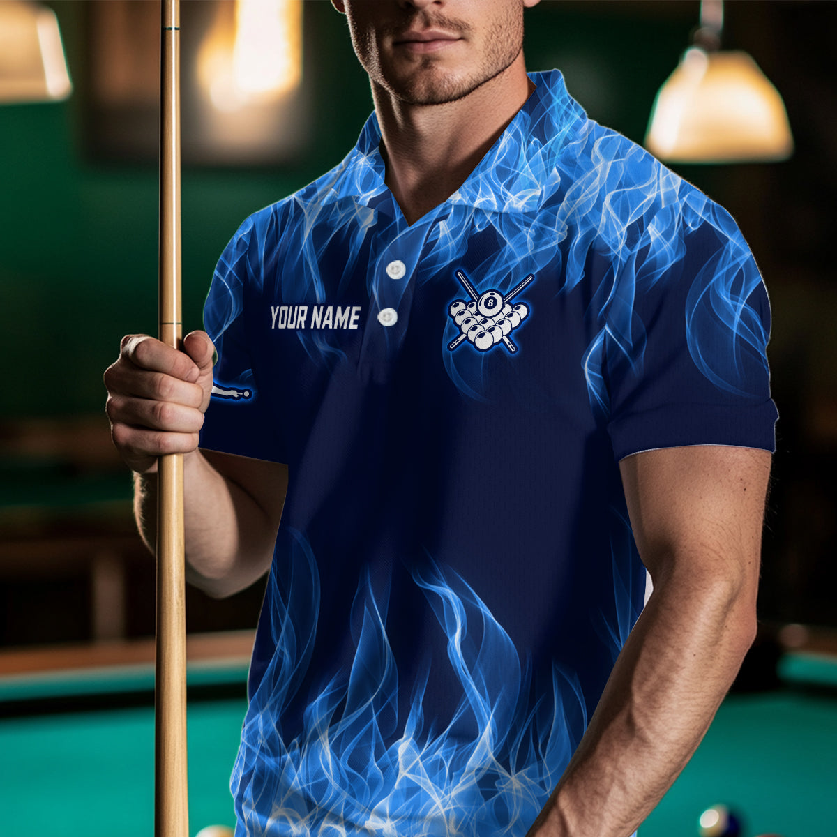 Blue Flaming 8 Ball Pool Shirts Men Billiard Polo & 1/4 Zip Shirts Bil ...
