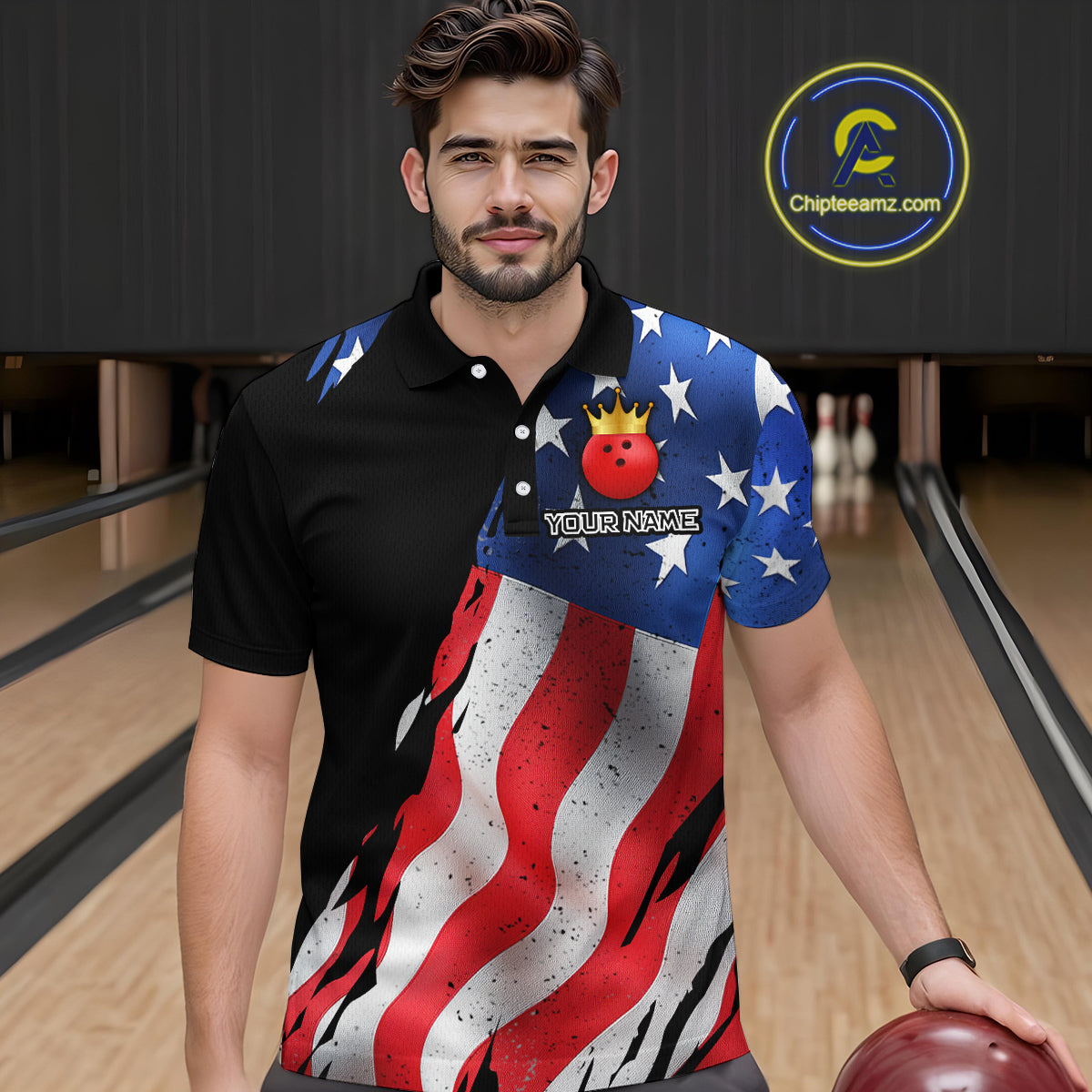 Custom US Flag Crown Bowling Men Bowling Shirt Polo & Quarter-Zip Bowl ...