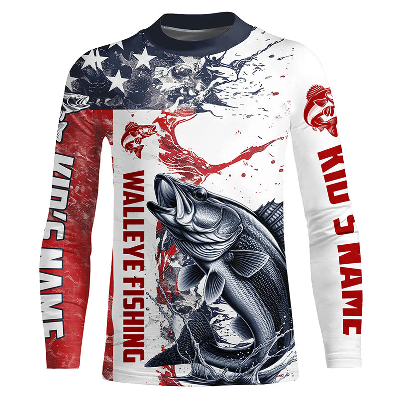 Personalized American Flag Walleye Fishing Shirts, Walleye Long Sleeve ...