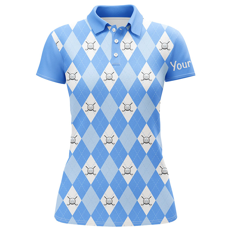 Blue argyle plaid pattern Womens golf polos shirts custom golf shirts ...