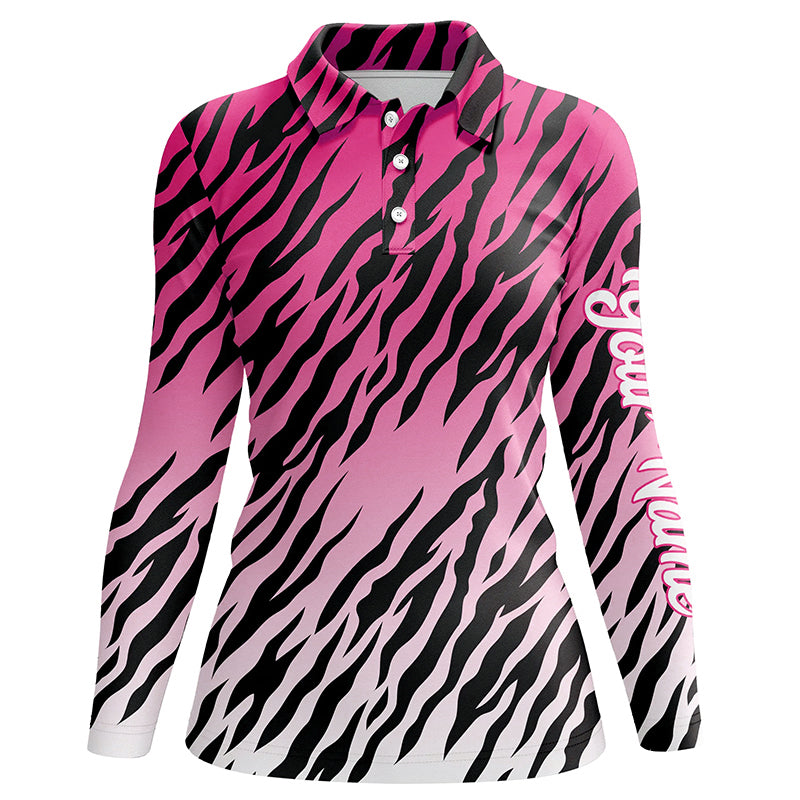Pink tiger stripes pattern Womens golf polo shirts custom golf apparel ...
