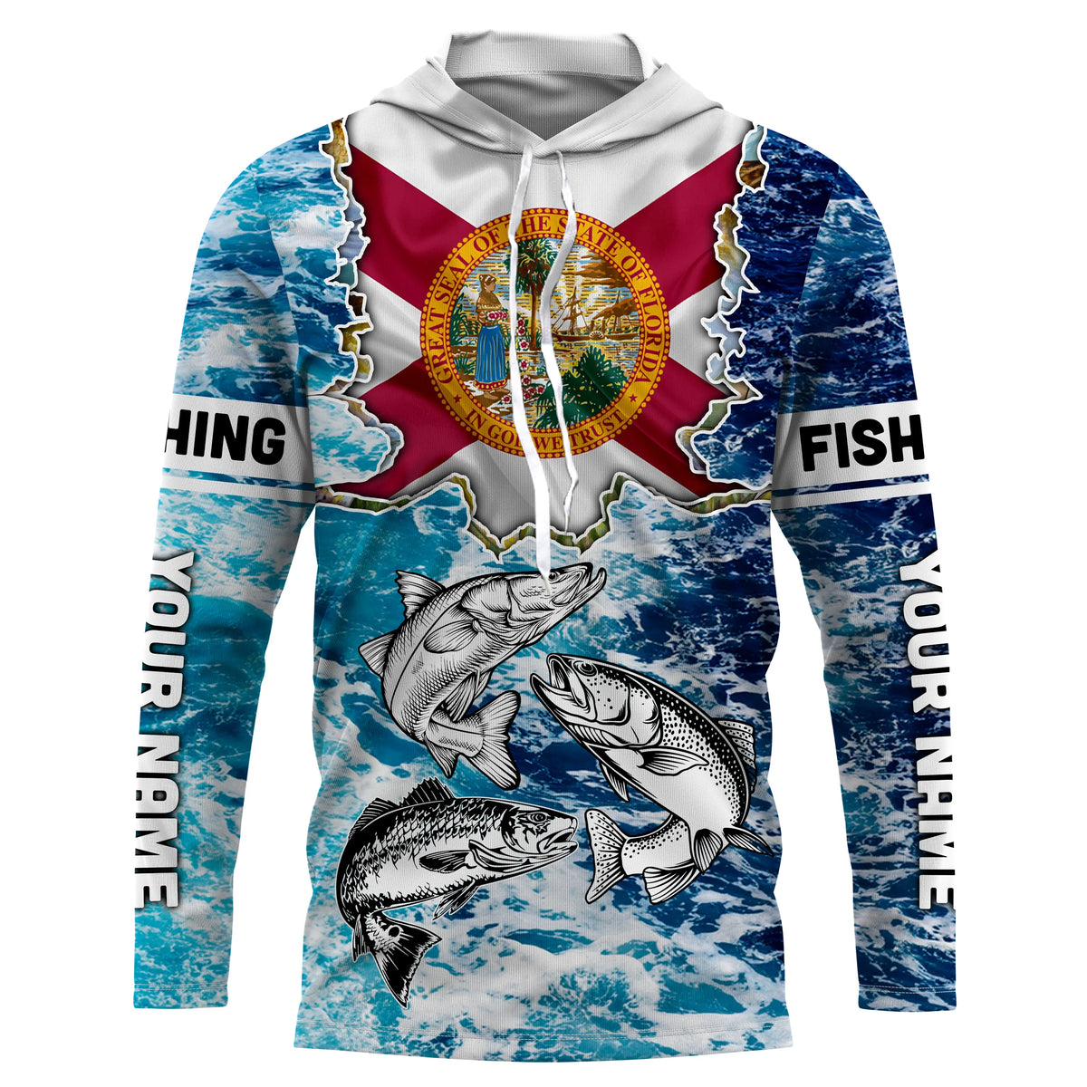 Florida Flag Redfish, trout, snook blue wave camo custom performance l ...