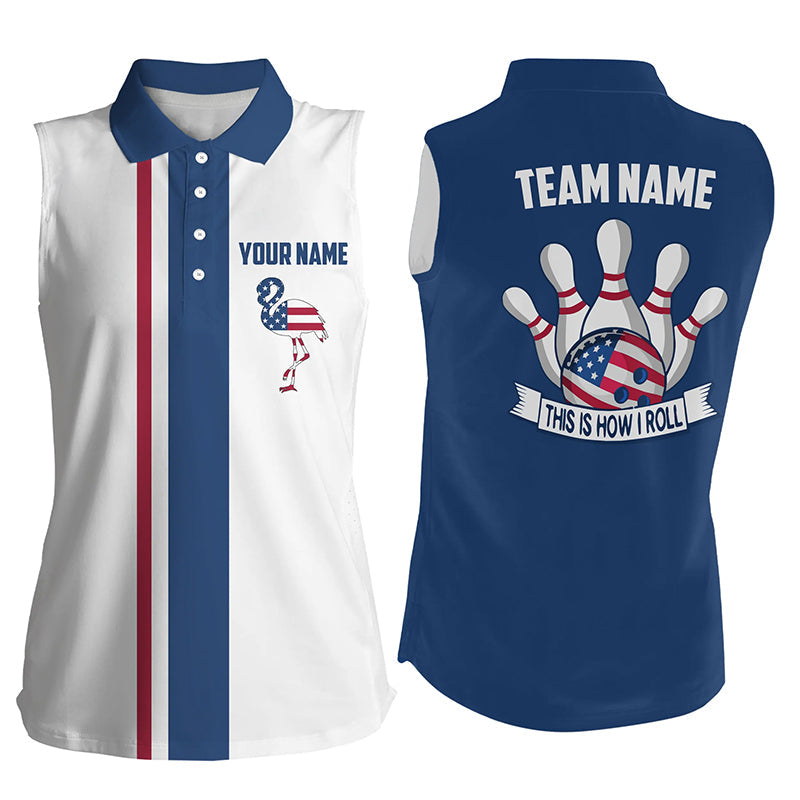 Red white and blue Retro Women Bowling sleeveless polos custom America ...