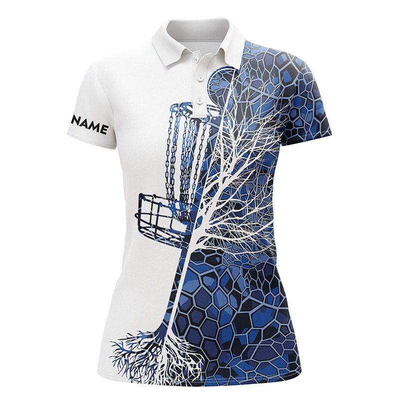 Womens disc golf polo shirt custom name blue camo disc golf basket, pe ...