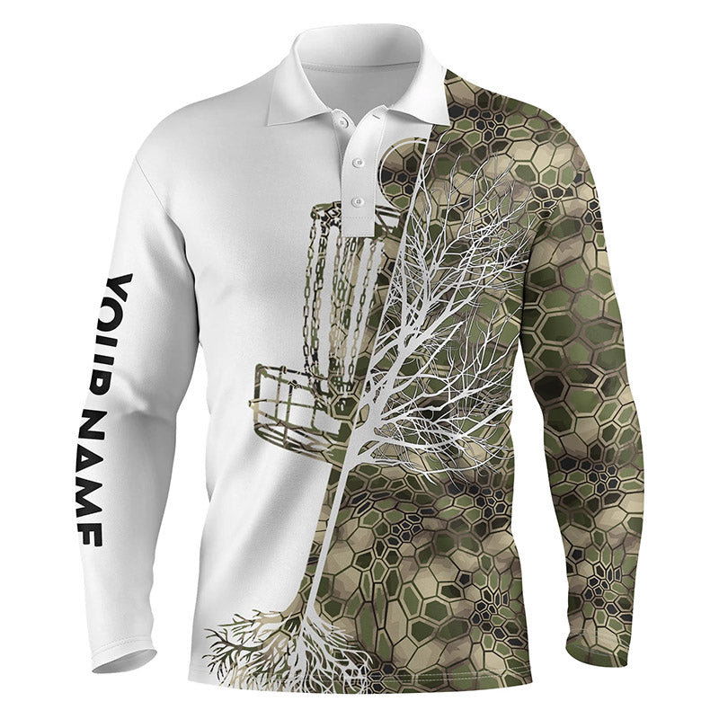 Mens disc golf polo shirt custom name green camo disc golf basket, per ...