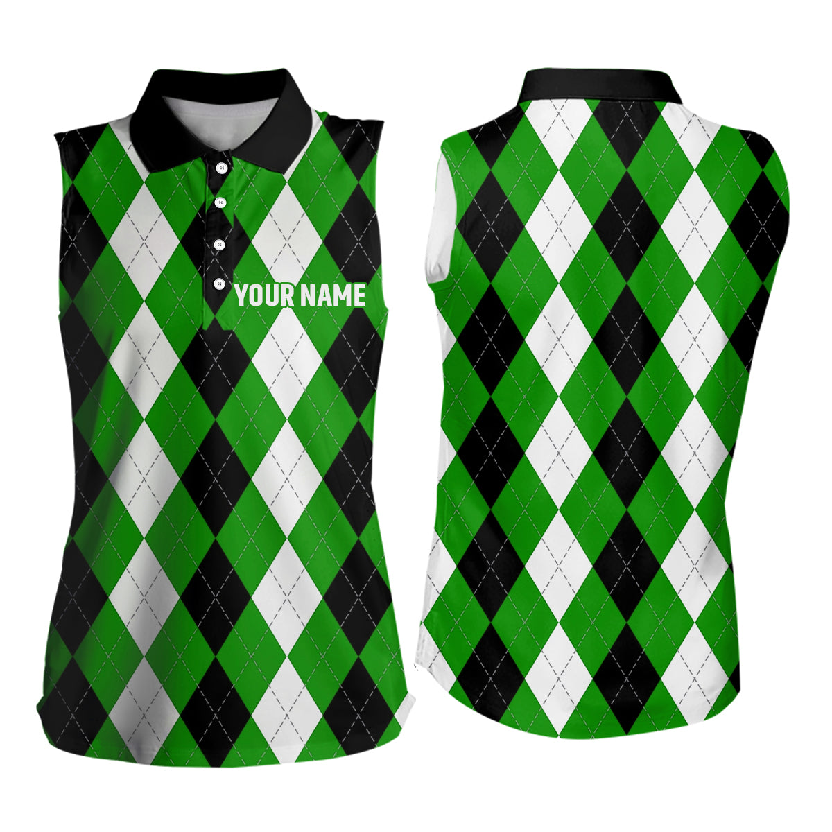 Women sleeveless polo shirt custom green argyle plaid pattern golf att ...