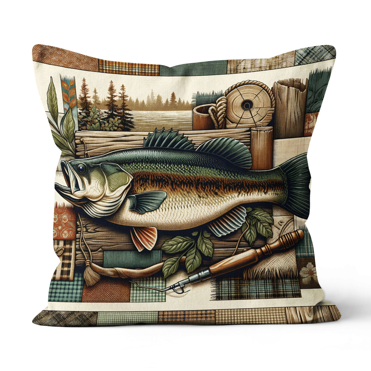 Largemouth Bass Fishing Vintage Pillow For Fishing Lodges, Fishing Cab ...